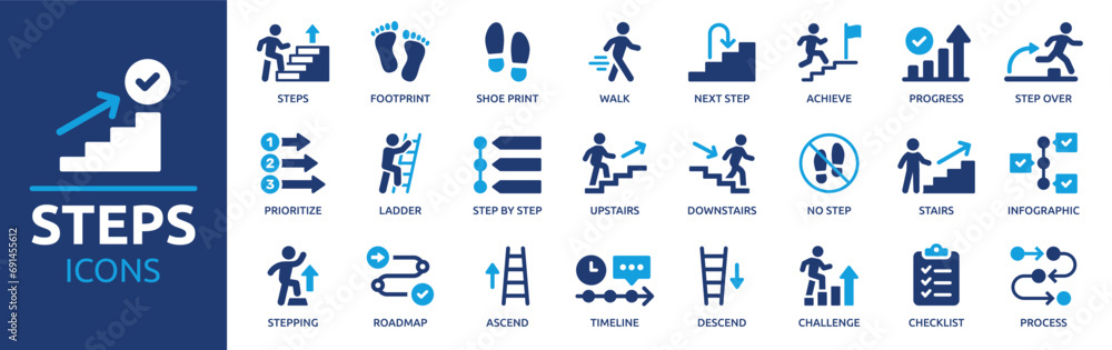 Steps icon set. Containing stairs, footprint, progress, step by step ...