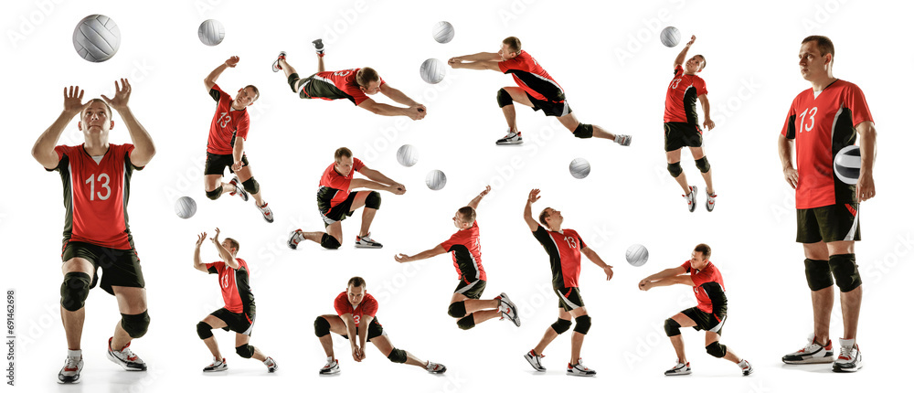 Dynamic images of man, volleyball player in motion during game isolated ...