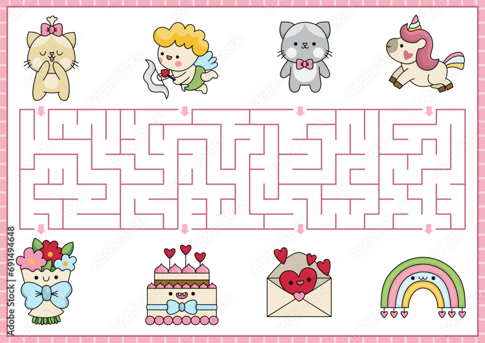 Saint Valentine maze for kids. Love holiday preschool printable ...