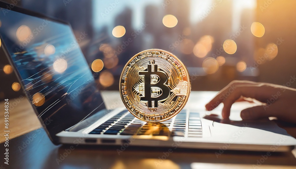 bitcoin gold coin with laptop background, generative artificial ...
