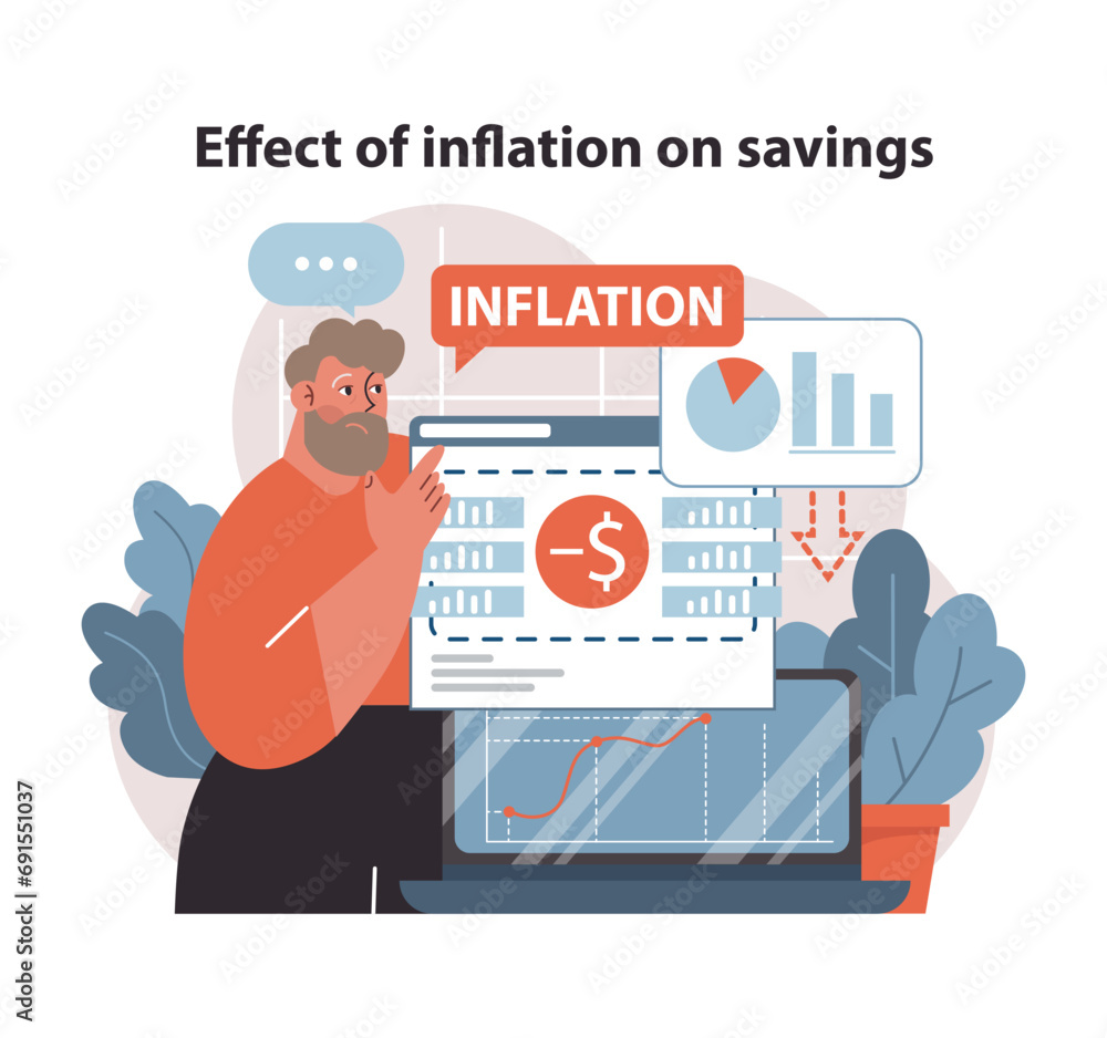 Inflation Impact concept. Concerned man examines the diminishing value ...