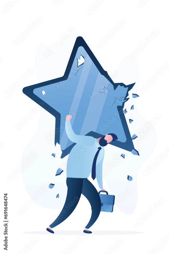 Tired businessman carries destroyed star. Bad business reputation. Low ...