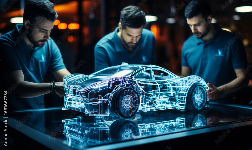Automotive Engineers Working on Electric Car Chassis Platform, Using 3D ...
