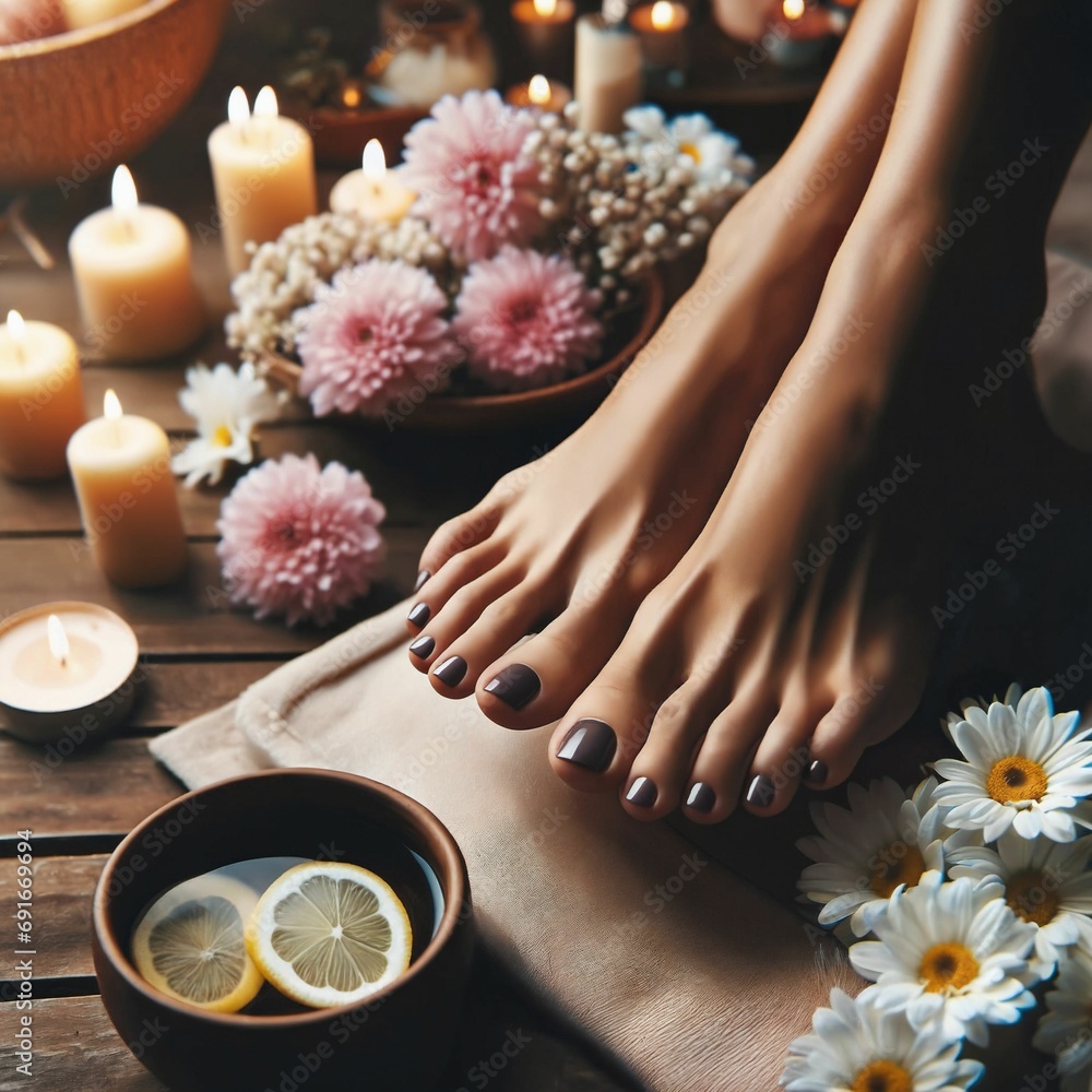 Women's feet at spa salon on pedicure procedure. Beautiful female feet ...