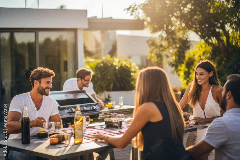 Friends having grill party in front of modern house. Solar panels on ...