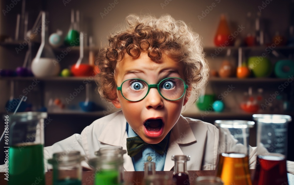 Kid boy with an astonished and surprised look dressed as a chemistry ...