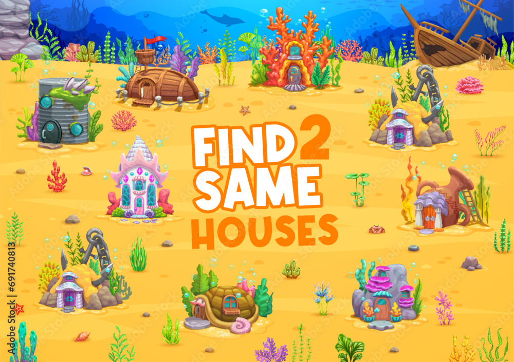 Find two same house buildings on sea underwater landscape, vector game ...