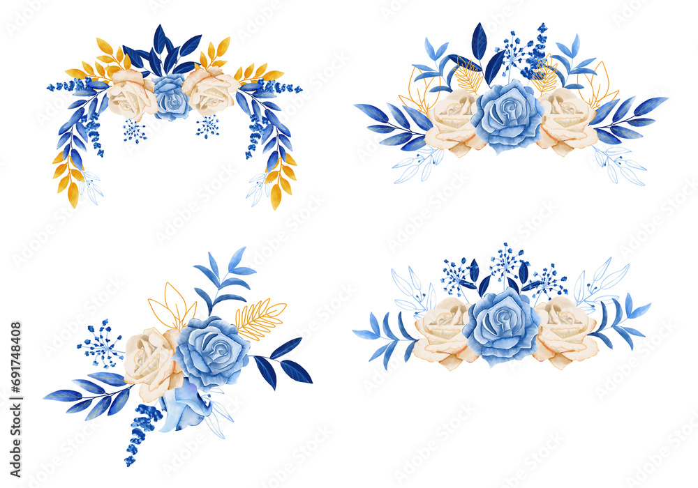Watercolor blue roses floral bouquet, frame of blue rose, winter blue ...