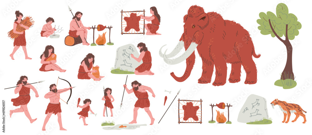 Tribal primitive cave people life, vector hand drawn Stone age ...