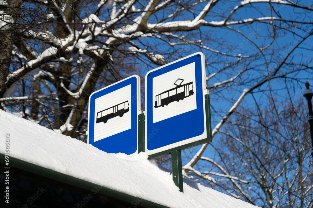Foto de Stock Tram and bus stop information road traffic sign in Poland ...