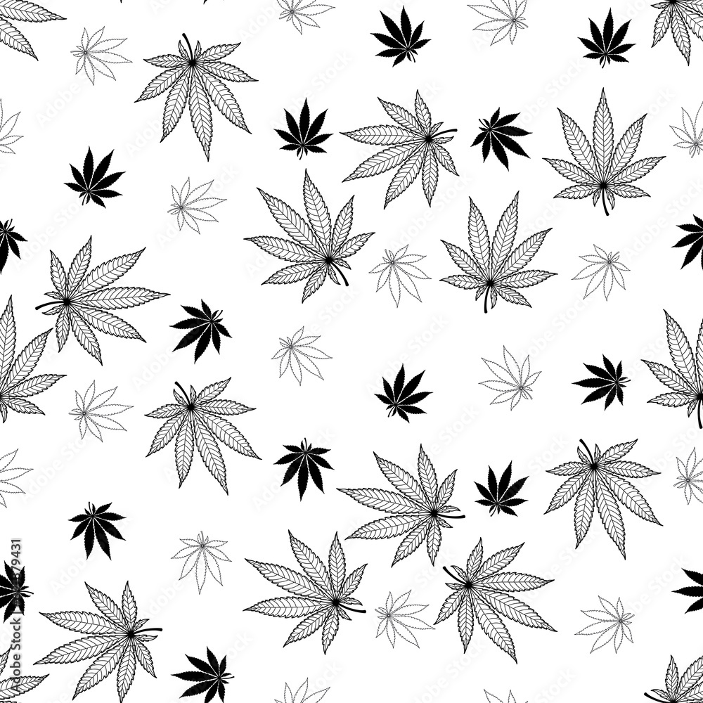 Cannabis line art leaves illustration seamless texture pattern ...
