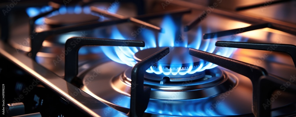 Detail view on kitchen gas cooker with blue flame on while cooking ...