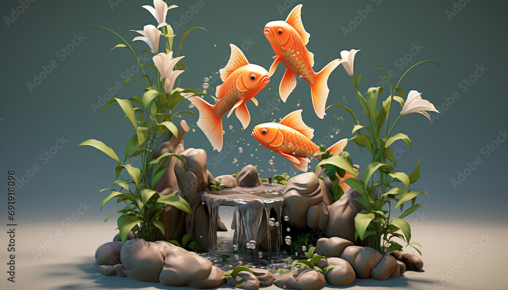 Design a 3D model of a serene koi fish pond, complete with water ...