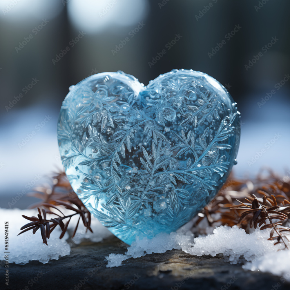 Corazón congelado hielo azul, fondo invernal, nieve y pinos secos ...