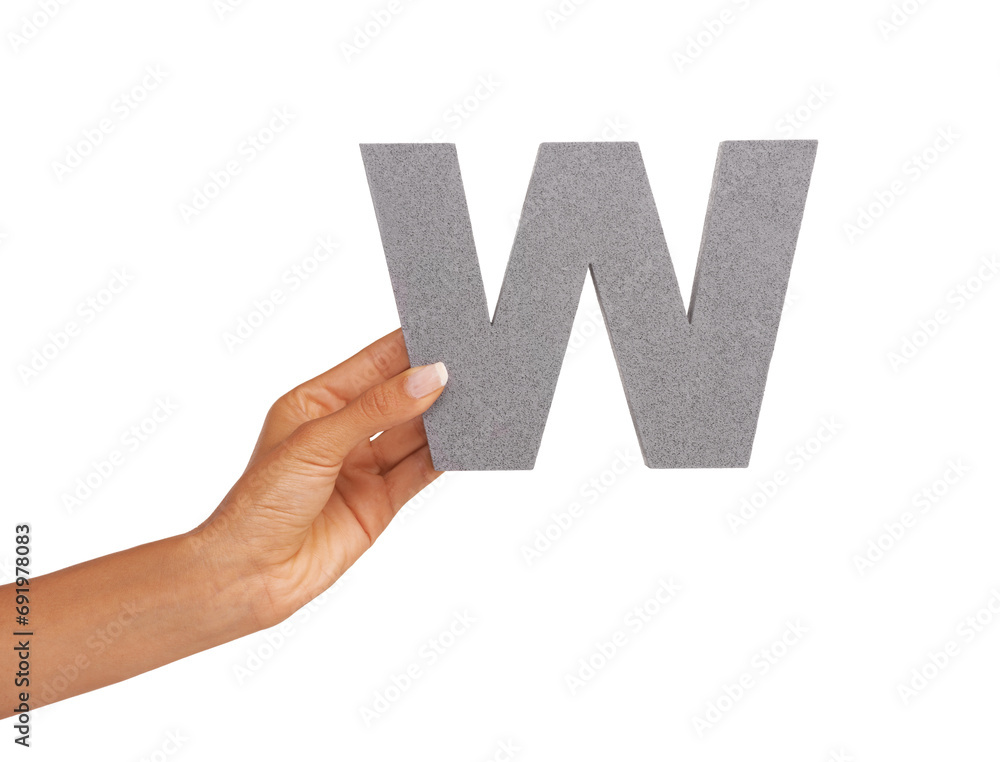 Hands, font and capital letter w in studio isolated on a white ...