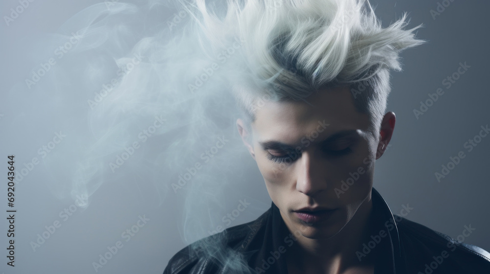 Fashion portrait of sensual male model with smoke dispersion. head with ...