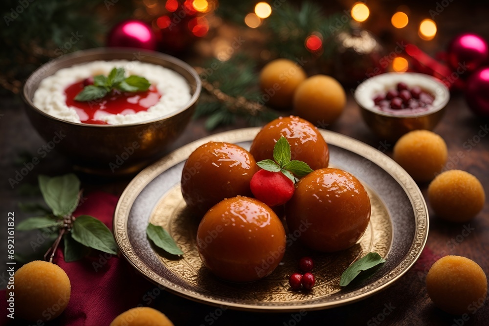 gourmet indian Gulab Jamun, rich textures, mouth-watering dessert ...