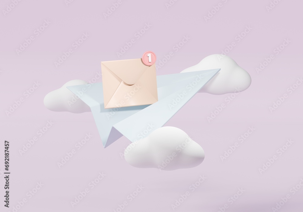 3d paper plane fly with mail unread message and cloud icon notification ...
