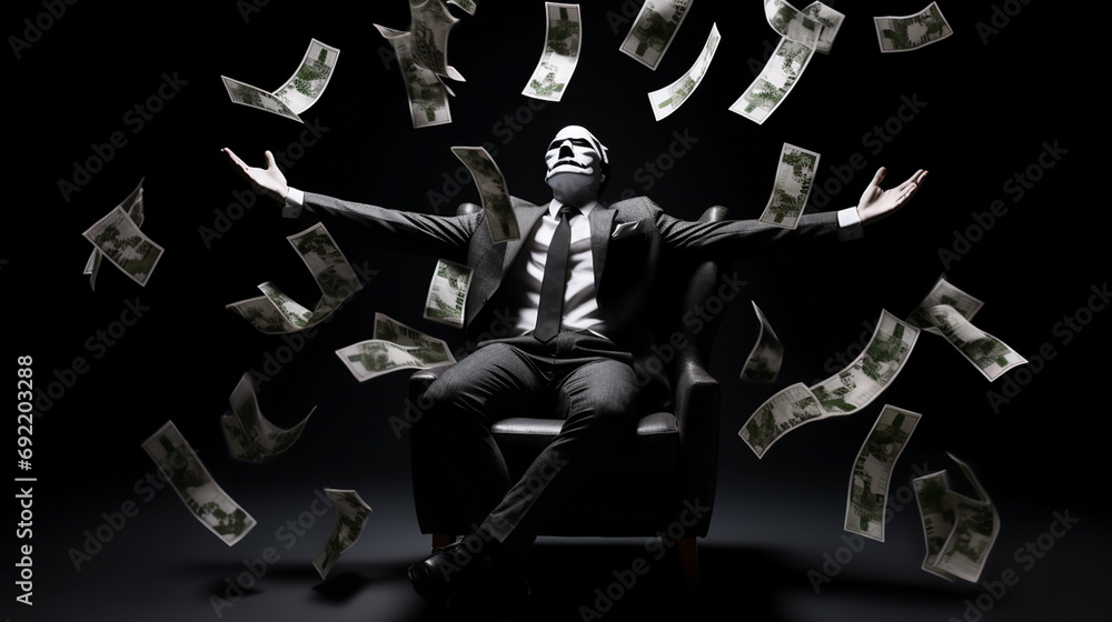 Masked man is happy celebrate his thousand US Dollar - Ai generated 3d ...