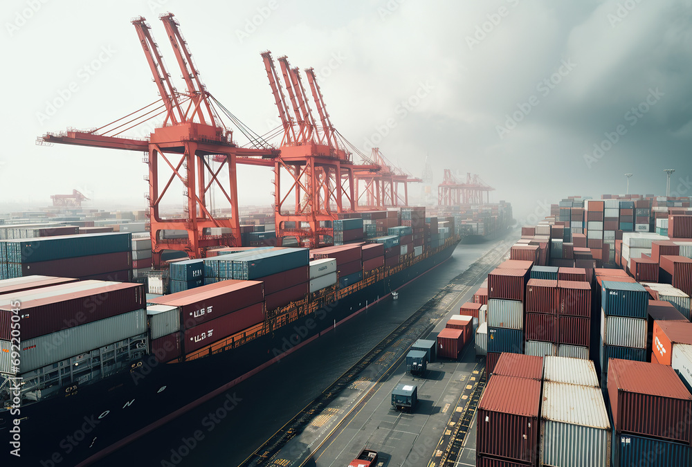 transport and logistics of truk container cargo ship in harbor. 3d ...