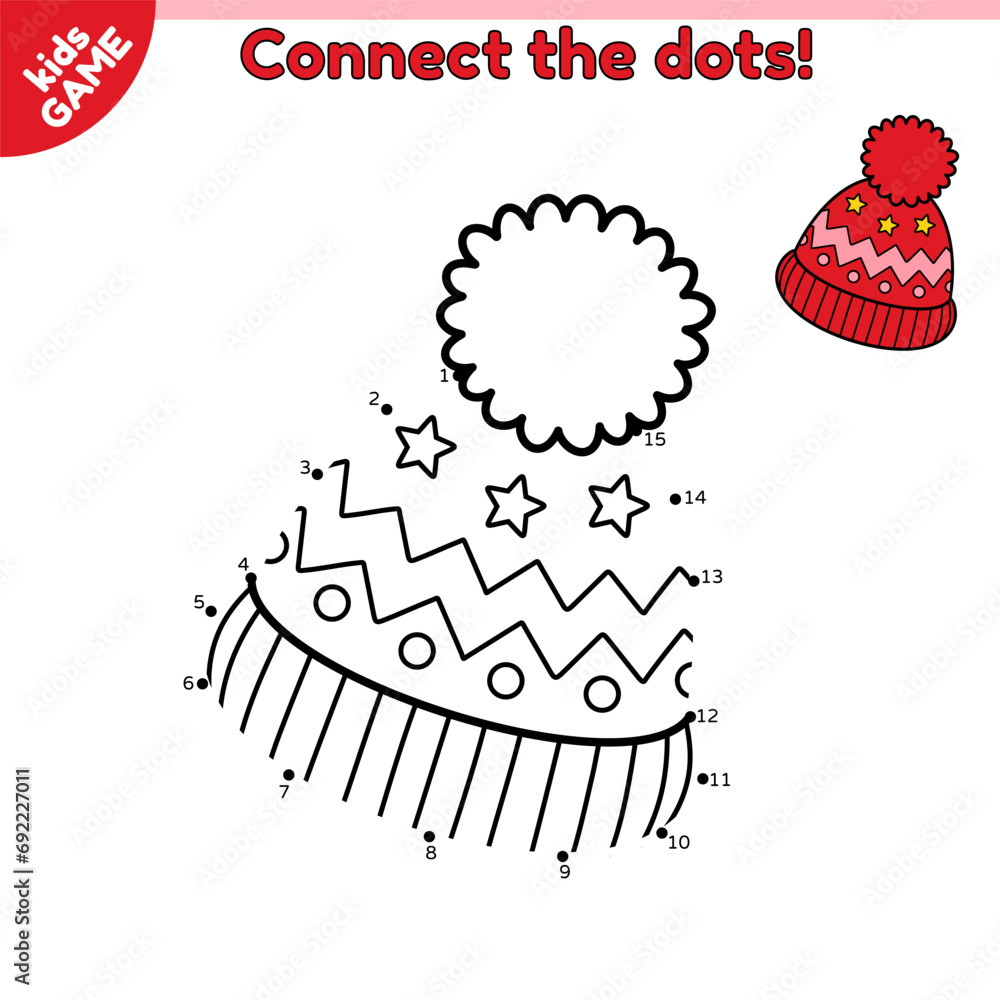 Dot to dot kids game. Winter hat with pom pom. Connect the dots by ...