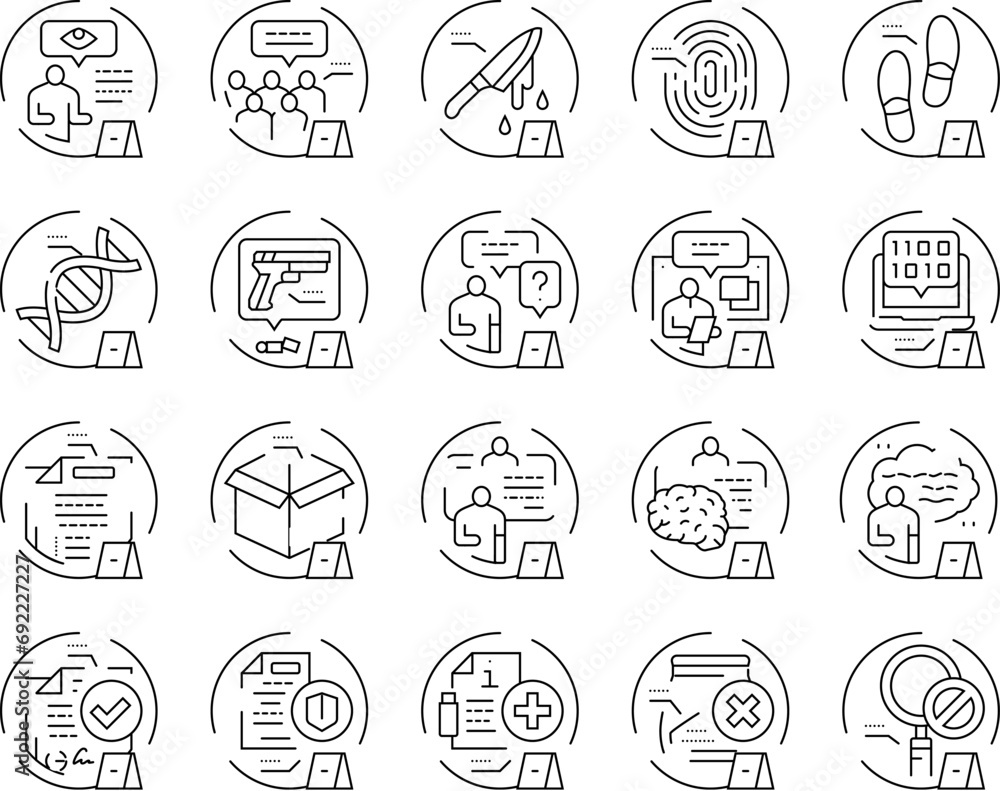 evidence crime police scene board icons set vector. detective criminal ...