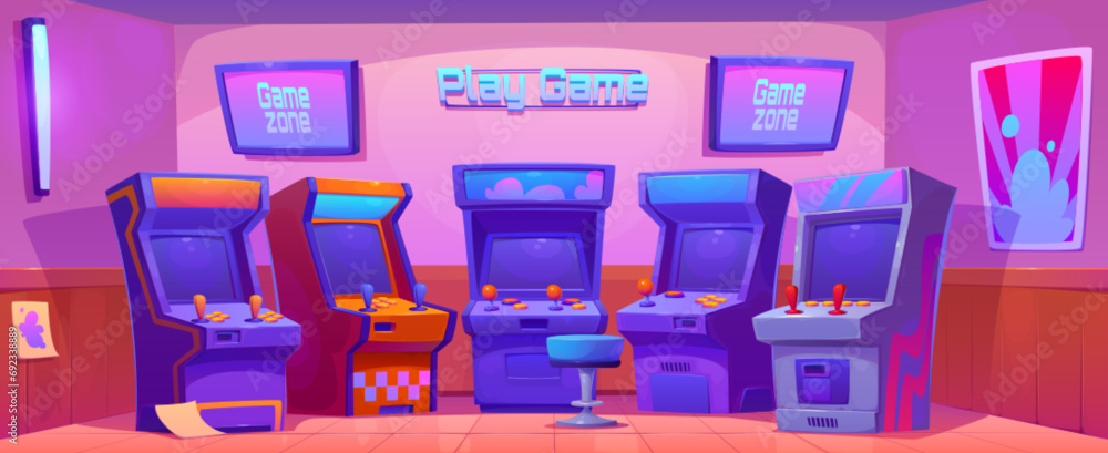 Retro computer club with game machines. Vector cartoon illustration of ...