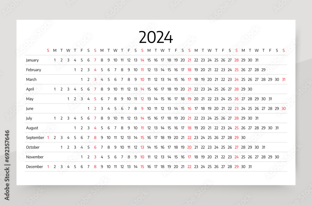 Calendar 2024 year. Linear planner template. Horizontal yearly calender ...