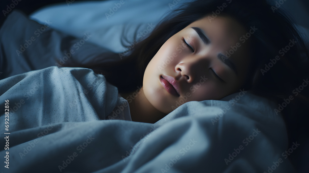 Tired woman lying in bed can't sleep late at night with insomnia. Asian ...