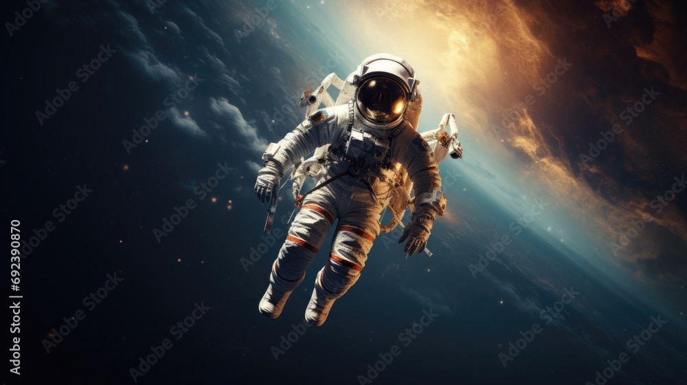 Astronaut in an autonomous space suit in outer space. Studies of near ...