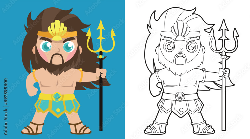 Colouring cute Greek gods cartoon character. Coloring Poseidon god of ...