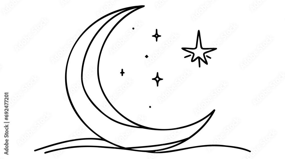 Continuous linear drawing of moon icon. One line drawing background ...