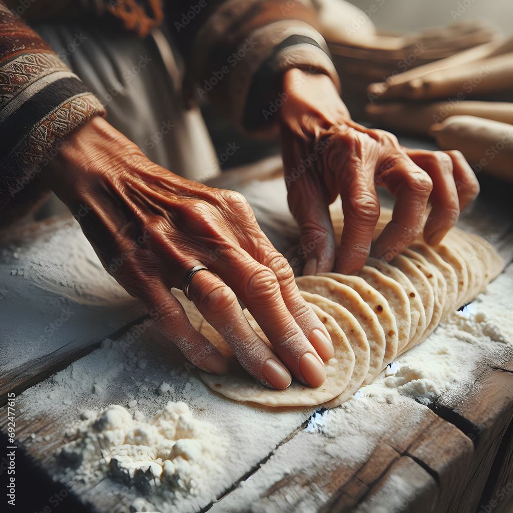 hands of an older woman making tortillas, traditional Mexican cuisine ...