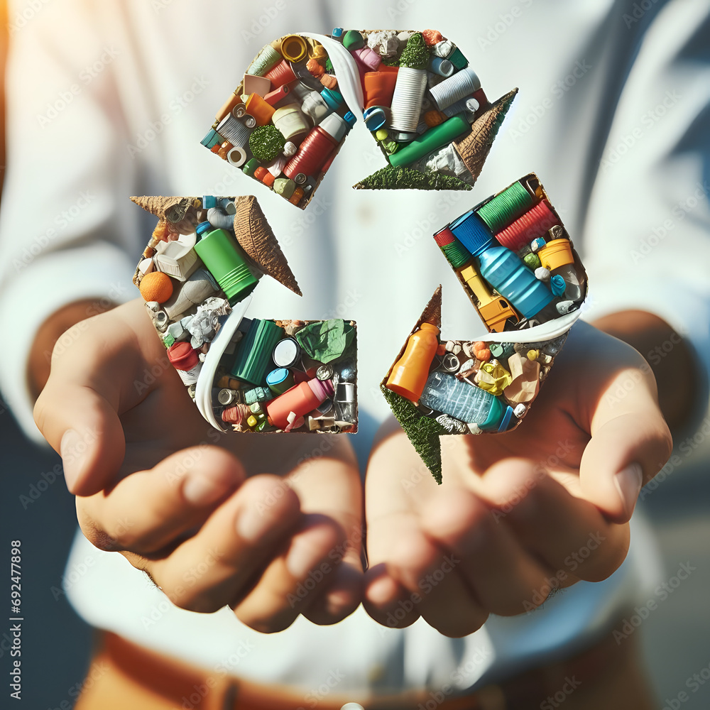 Recycling materials in shape of recycling symbol, Materiales de ...