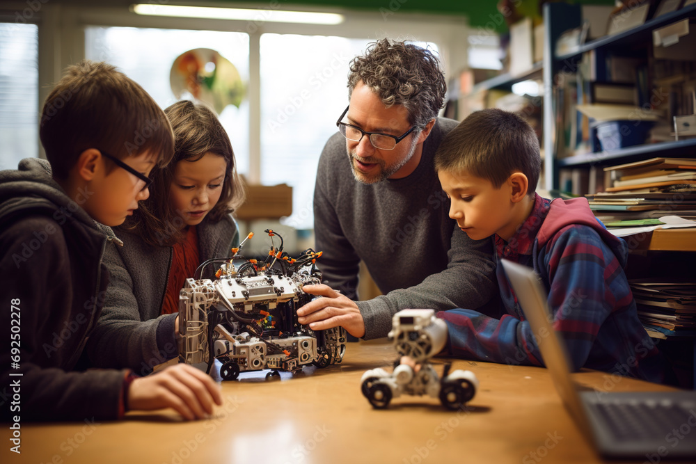 Mature male science teacher standing near his students and ...