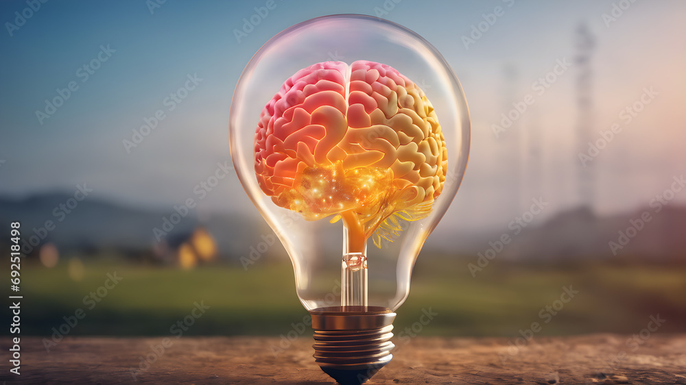 Virtual brain in light bulb education concept.creative thinking idea innovation strategy. AI ...