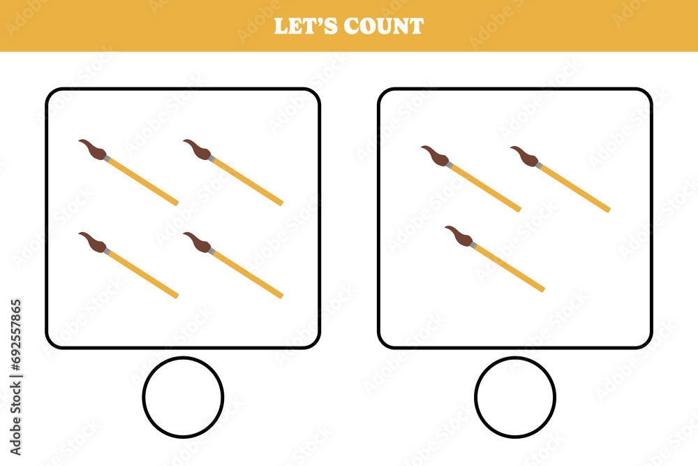 Counting game with paintbrush. Educational worksheet design for ...