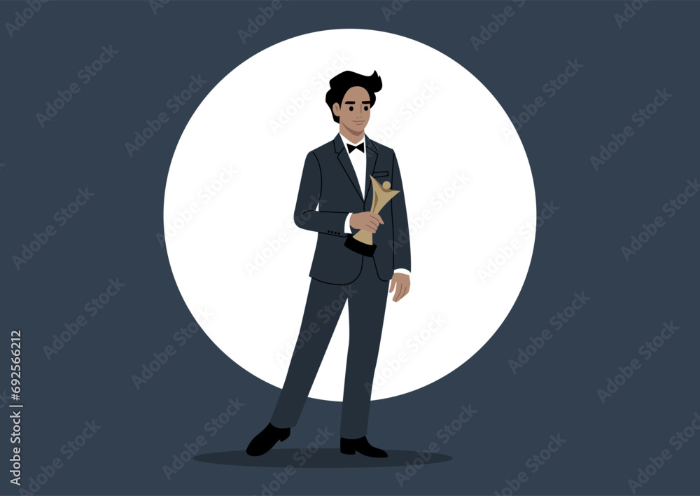 In the spotlight, on a grand stage, a figure adorned in classic attire ...