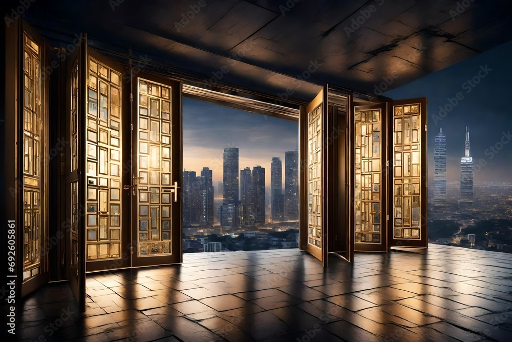 Graceful open doors a captivating cityscape with dazzling lights ...