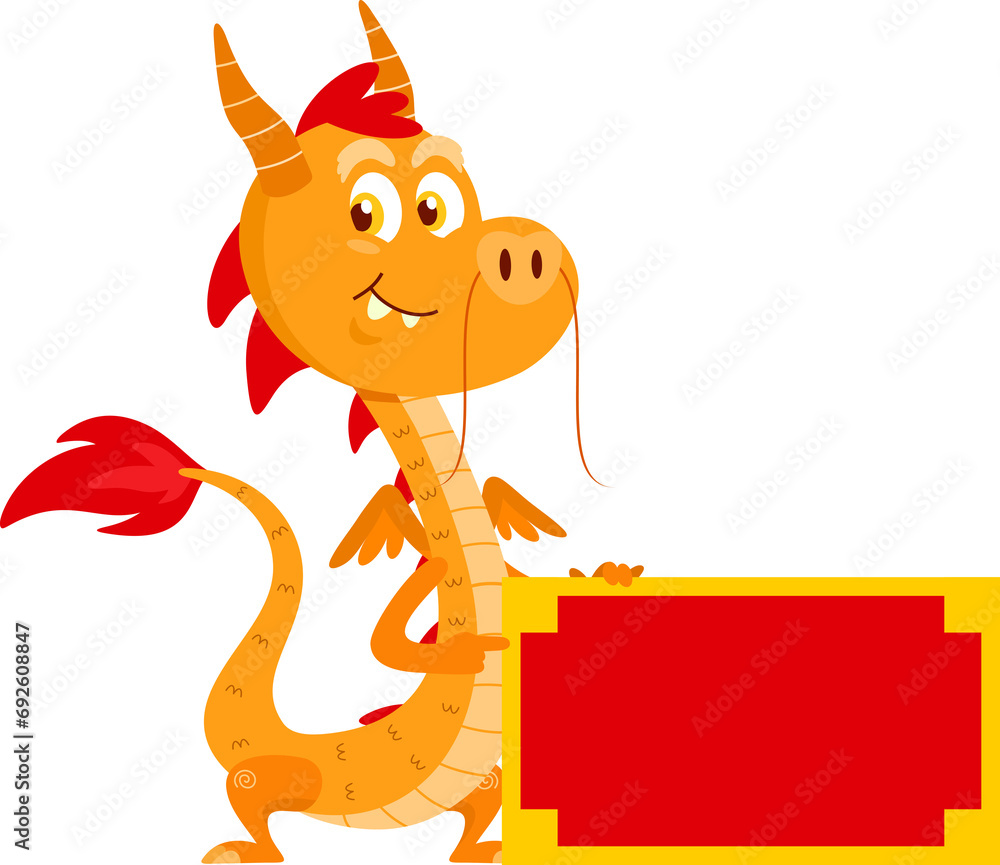 Cute Chinese Dragon Cartoon Character Pointing To Blank Sign ...