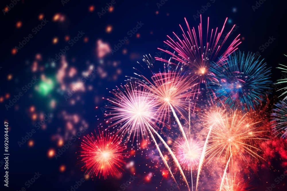 Multi colored fireworks salute new year 2024 magic night bright light ...