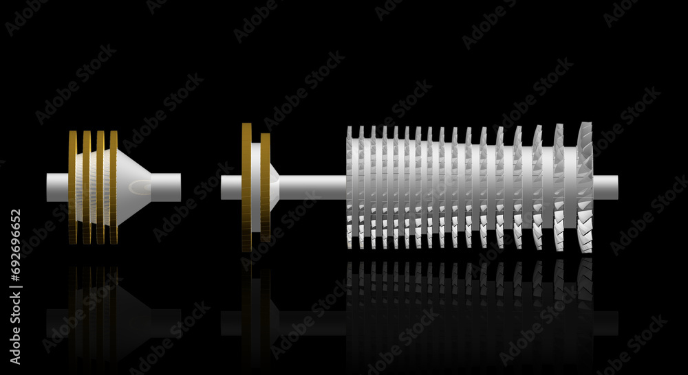 Gas turbine rotor turbomachinery illustration showing several stages of ...