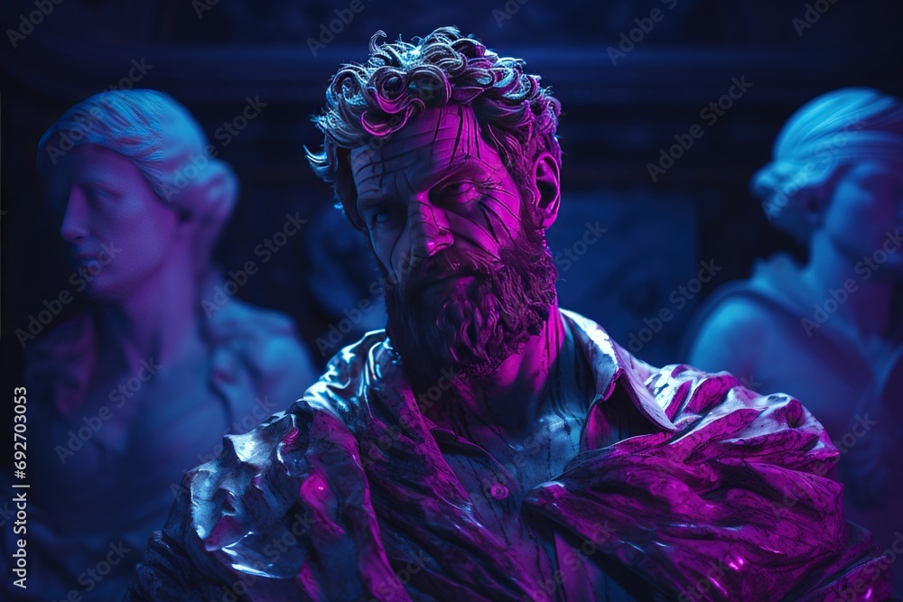 Abstract neon vibes ancient roman, greek stoic person, marble, stone ...