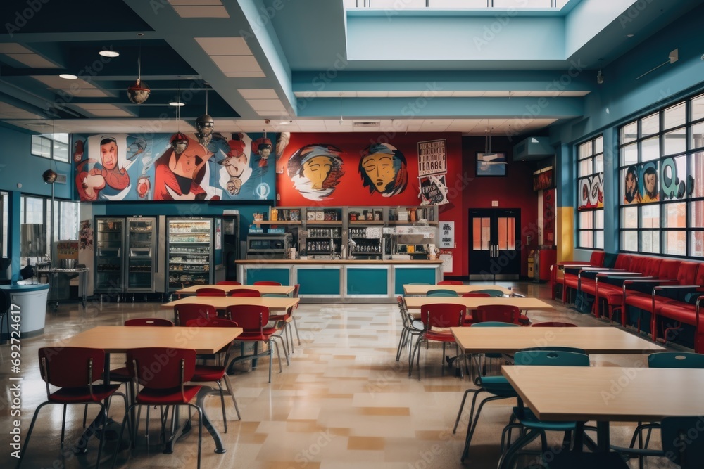 Interior of a empty high school cafeteria Stock Photo | Adobe Stock