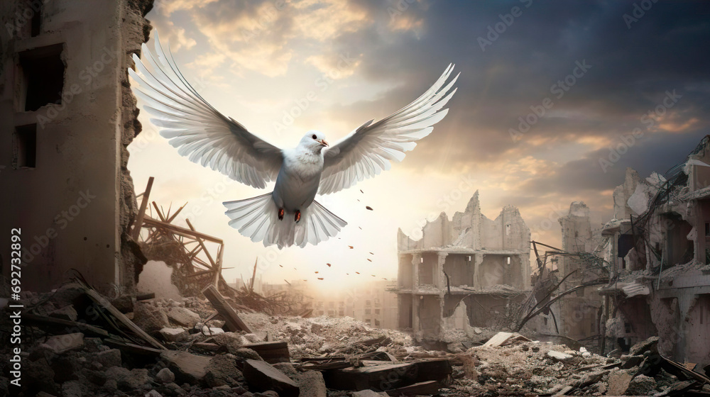 Stop war and military attack. White dove of peace. Bird symbol of peace ...