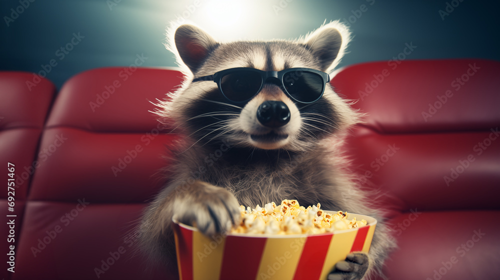 Cool raccoon in sunglasses enjoying a cinematic experience, with a ...