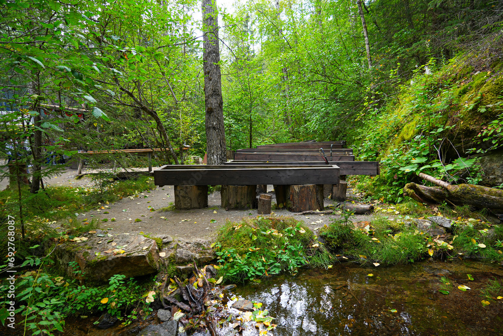 Gold panning tables in Liarsville, a former boomtown created in the ...