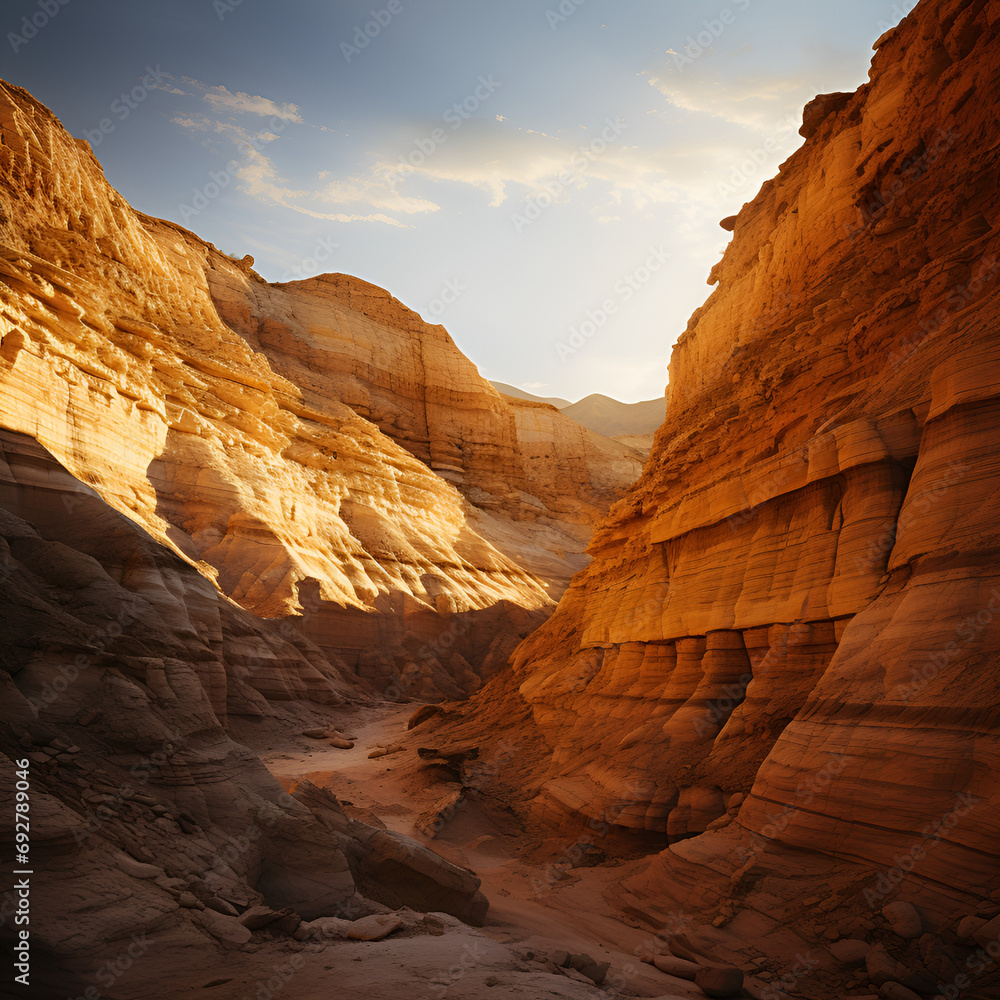 Sunlit Canyon with Dramatic Sandstone Cliffs and Winding Path Under a ...