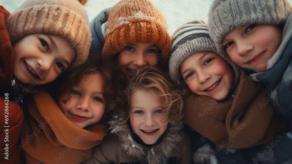 Group of kids wrapped up in warm clothes hugging together and have fun ...