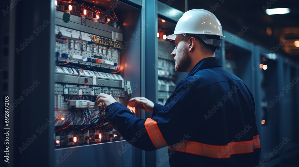 Electrical engineer inspects electrical system at equipment control ...